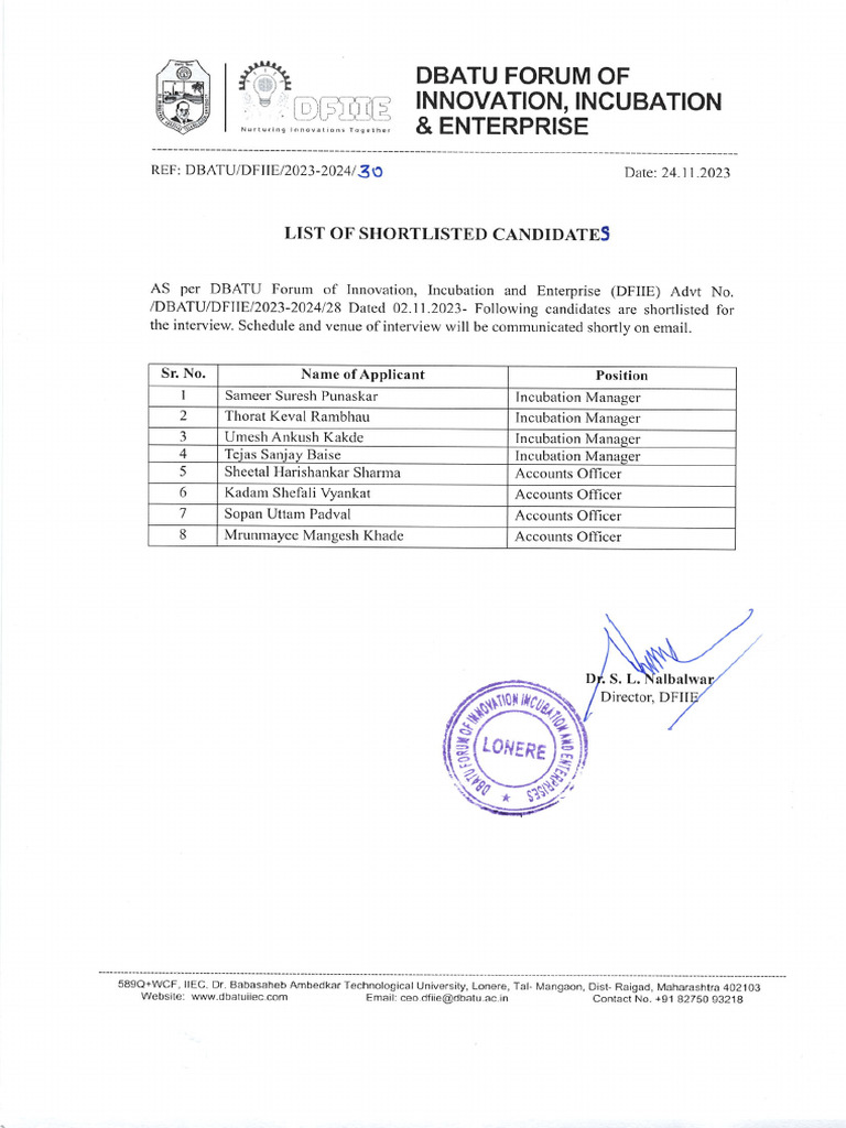 DFIIE List of Shortlisted Candidates For Interview | PDF