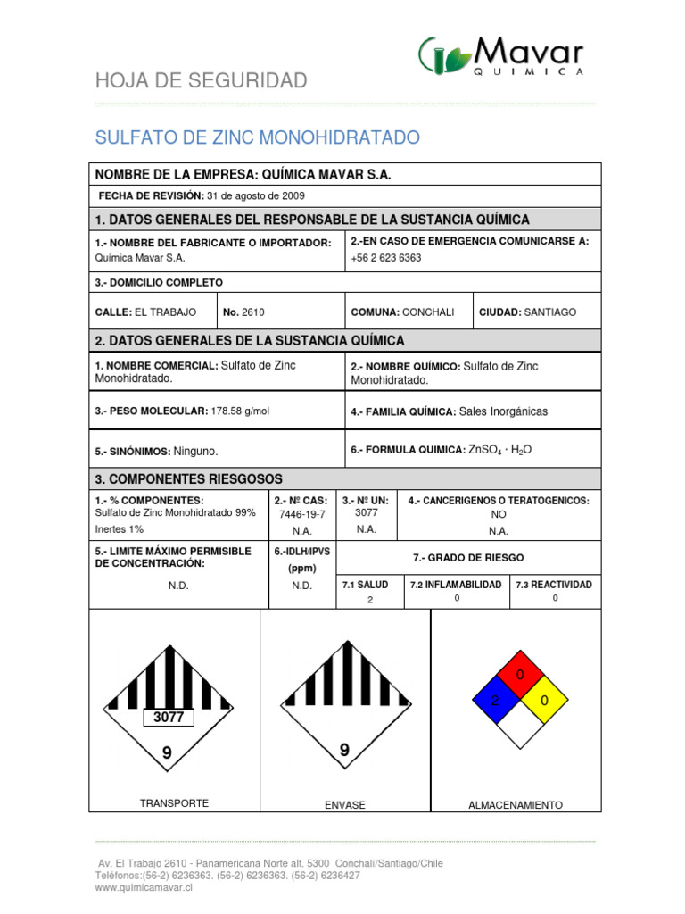 MSDS Sulfato de Zinc Monohidratado | Descargar gratis PDF | Agua | Diarrea