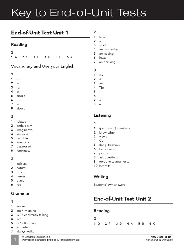 b1 End-Of-Unit Tests Answer Key 0 | PDF
