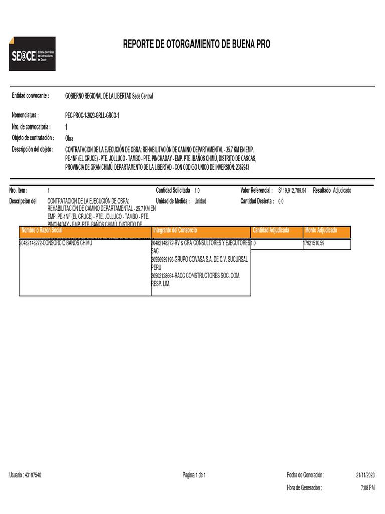 Reporte de Otorgamiento de Buena Pro | PDF