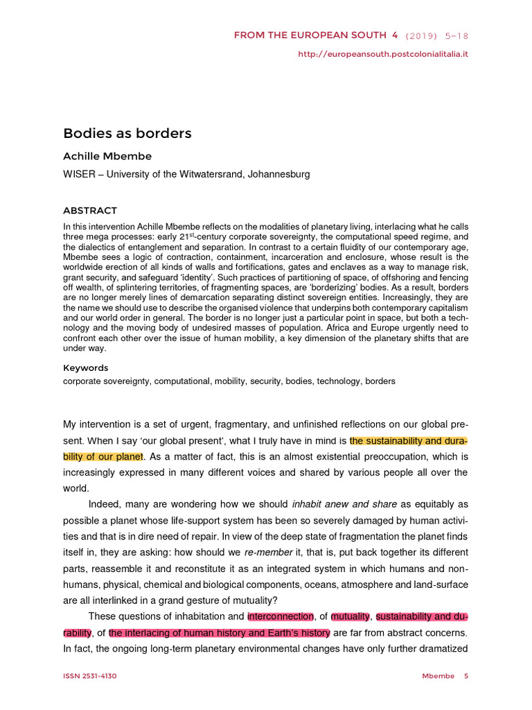 Mbembe, Bodies As Borders | PDF