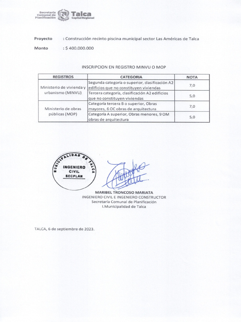 Certificado de Registro MINVU MOP | PDF