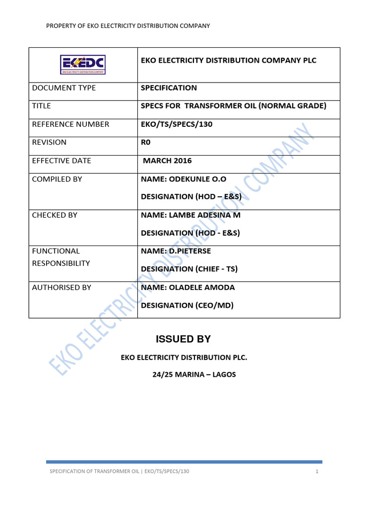 Specs For Transformer Oil (Normal Grade) | Download Free PDF ...