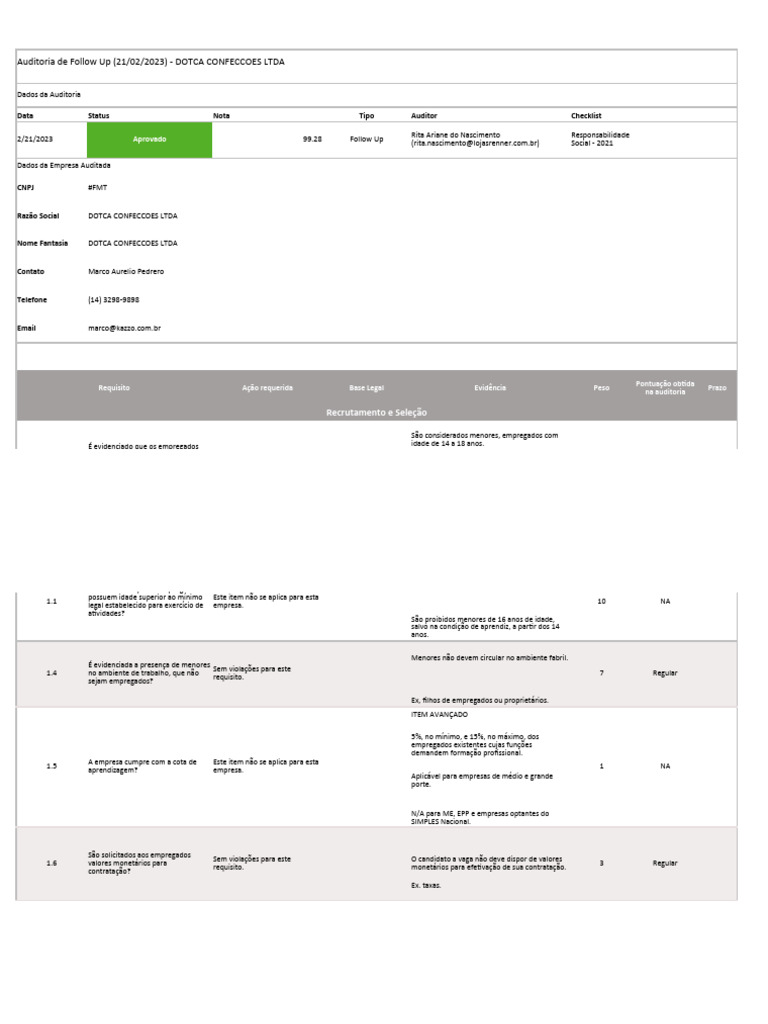 Checklist de Auditoria Renner - Dotca | PDF | Férias trabalhistas ...