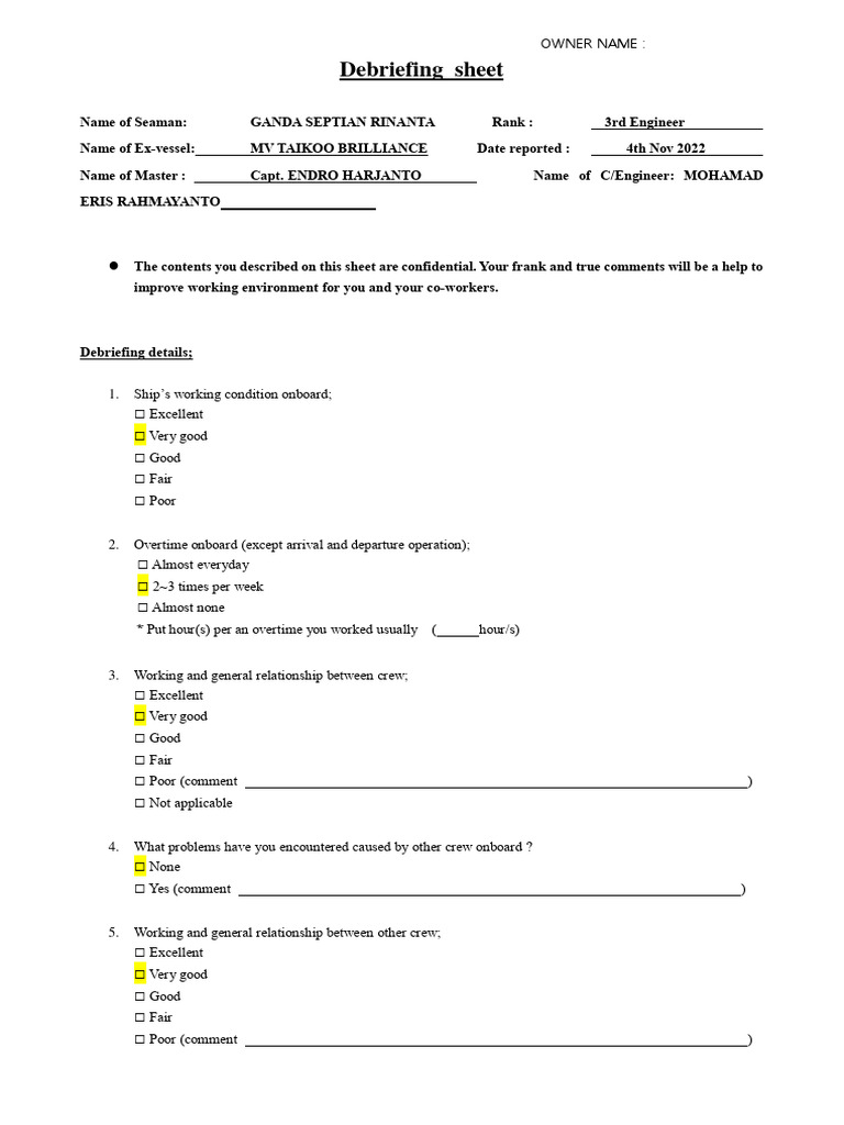 Debriefing Sheet - WORLD MARINE 3rd Engineer Ganda Septian R | PDF
