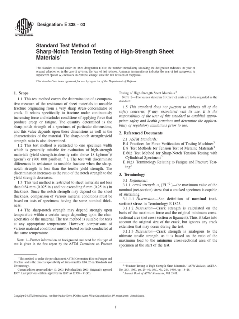 Astm E 388 2003 Standard Test Method Of Sharp Notch Tension Testing