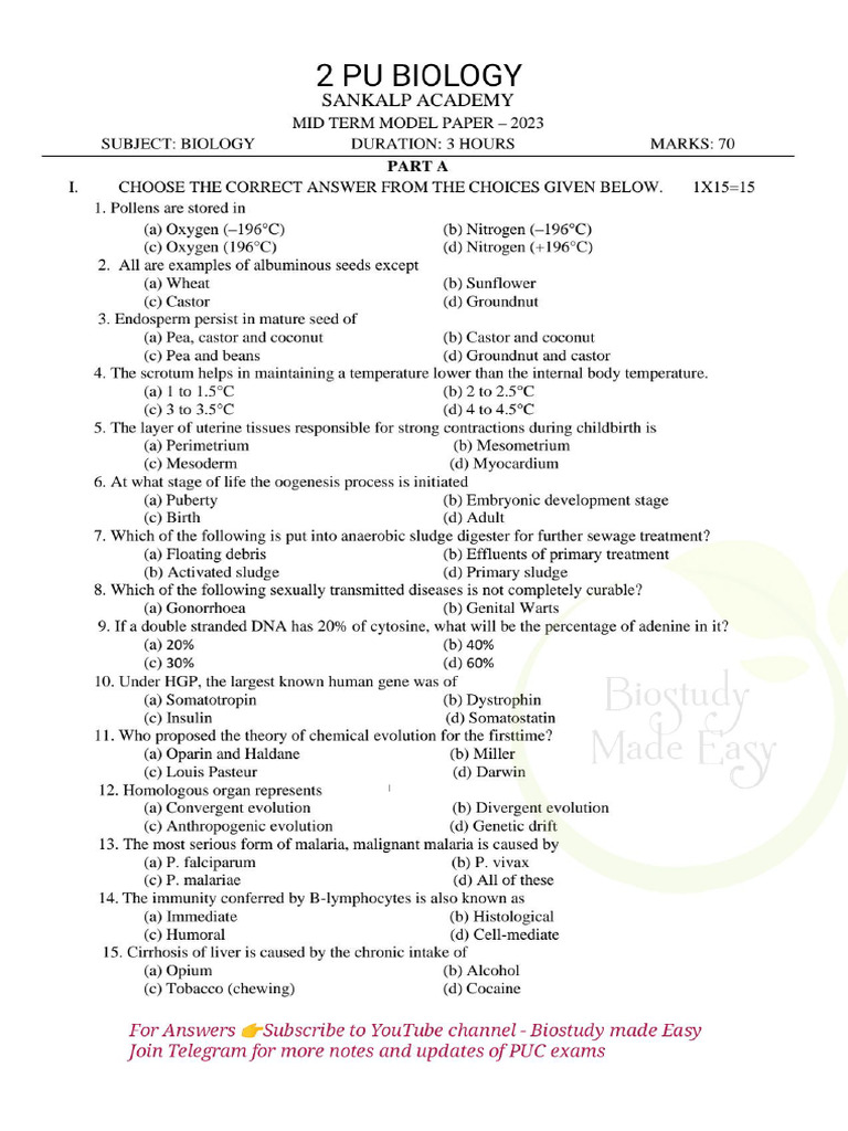 2 PU BIO Model Midterm Model Paper-2023-24 | PDF