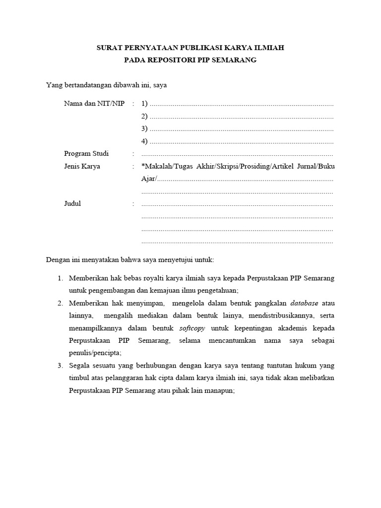 Surat Pernyataan Publikasi Karya Ilmiah | PDF