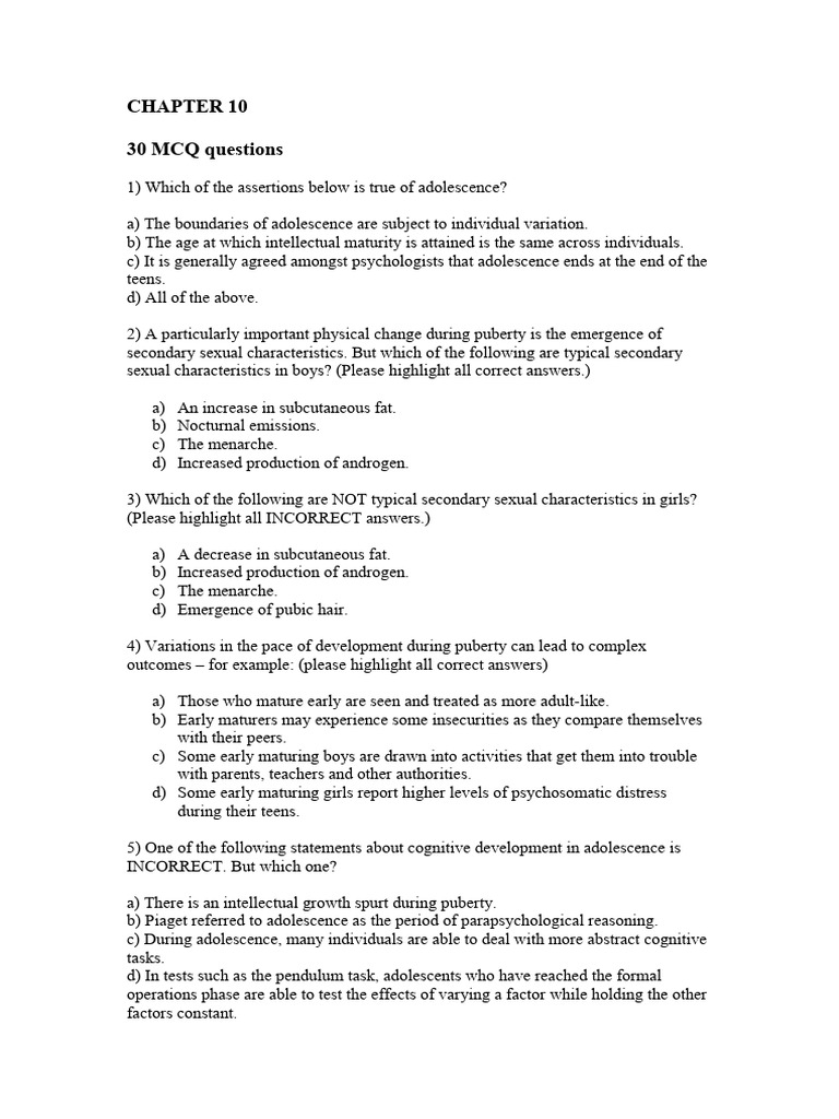 CH 10 (30 MCQ Questions) | PDF | Adolescence | Attachment Theory