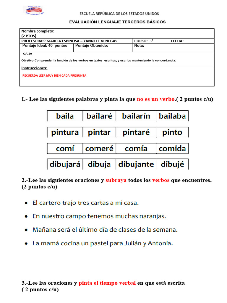 Evaluación de Verbos para Tercer Grado | PDF | Verbo | Lingüística