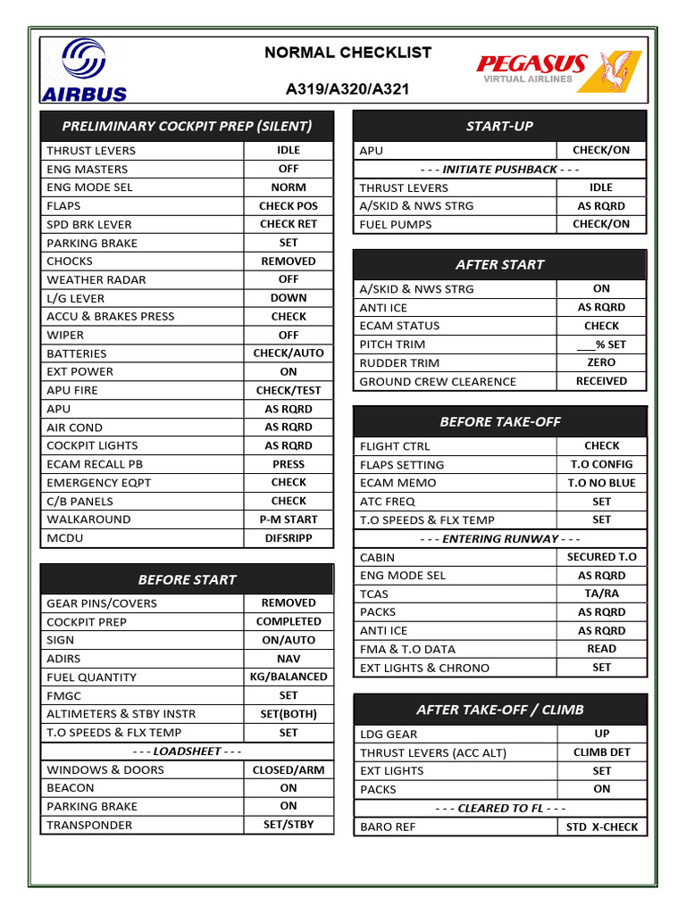 Pegasus Airbus A320 Family Checklist | PDF | Takeoff | Airliner