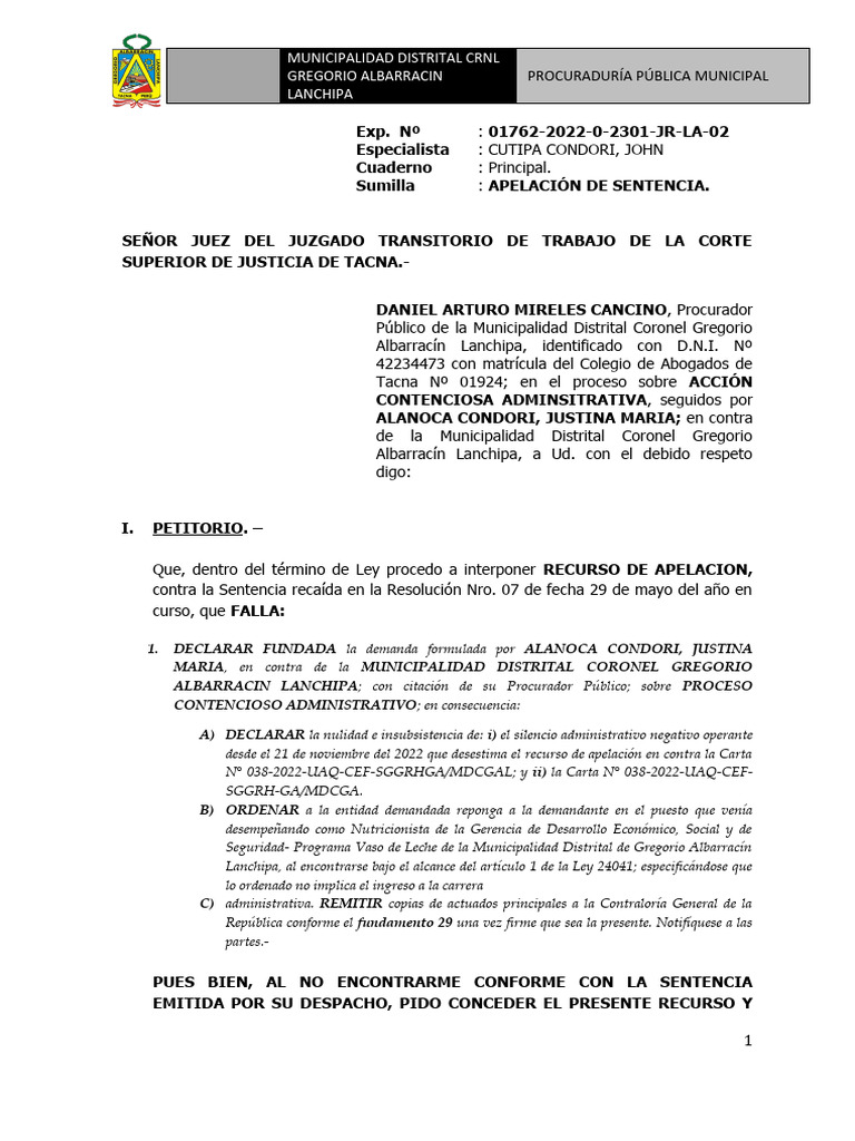 Exp 01762-2022-0-2301-Jr-La-02 - Apelacion - Sentencia | PDF | Debido ...