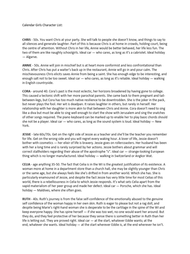 Calendar Girls Character List | PDF