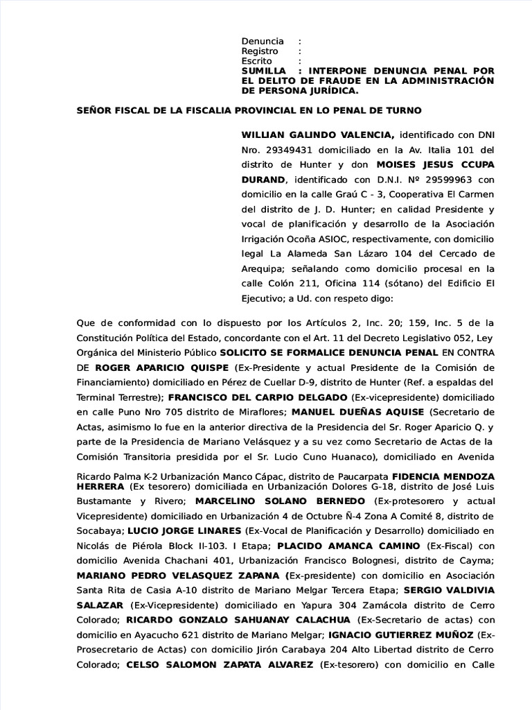Modelo de Denuncia Penal Por Fraude en La Administracion de Personas ...