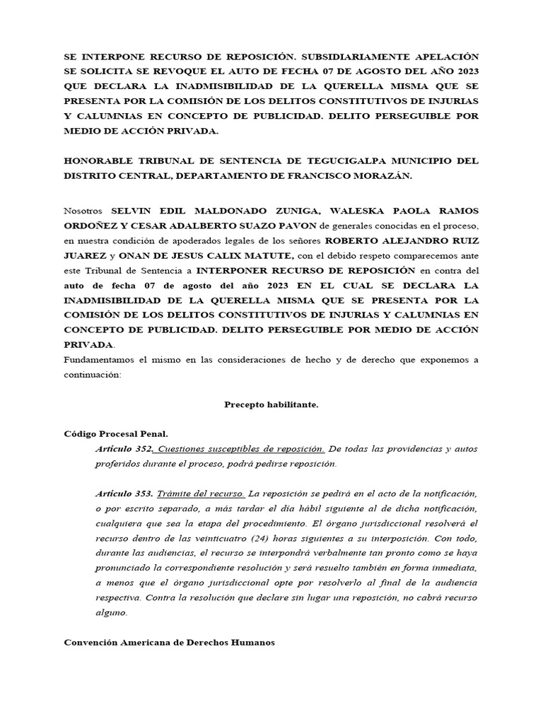 Se Interpone Recurso de Reposicion | PDF | Queja | Derecho penal