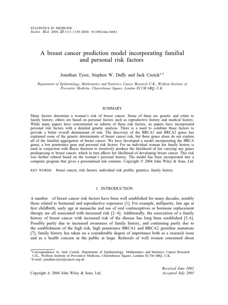 A Breast Cancer Prediction Model Incorporating Familial and Personal ...