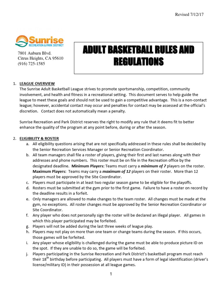 Sunrise Adult Basketball League Rules | PDF | Justice | Crime & Violence