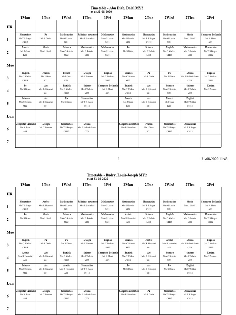 MY2 Timetables | PDF | Cognition | Science