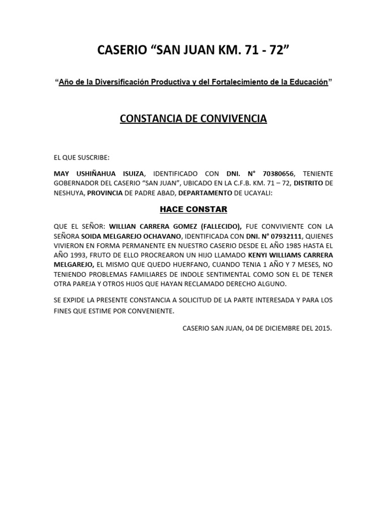 Constancia de Convivencia Teniente Gobernador | PDF