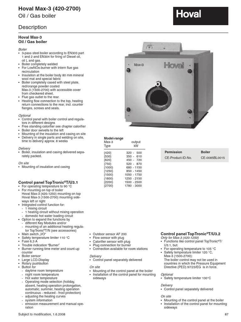 Oil / Gas Boiler Description: Hoval Max-3 (420-2700) | PDF