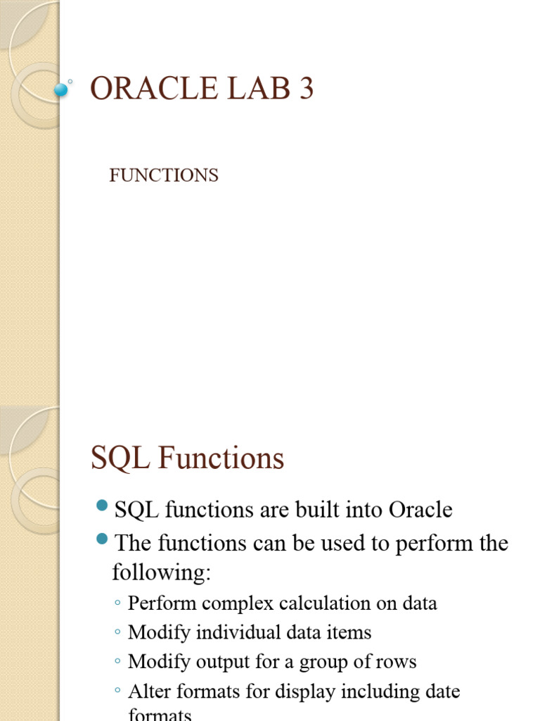 Oracle Lab 3 | PDF | Data Management | Mathematics Oracle Lab 3 | PDF | Data Management | Mathematics