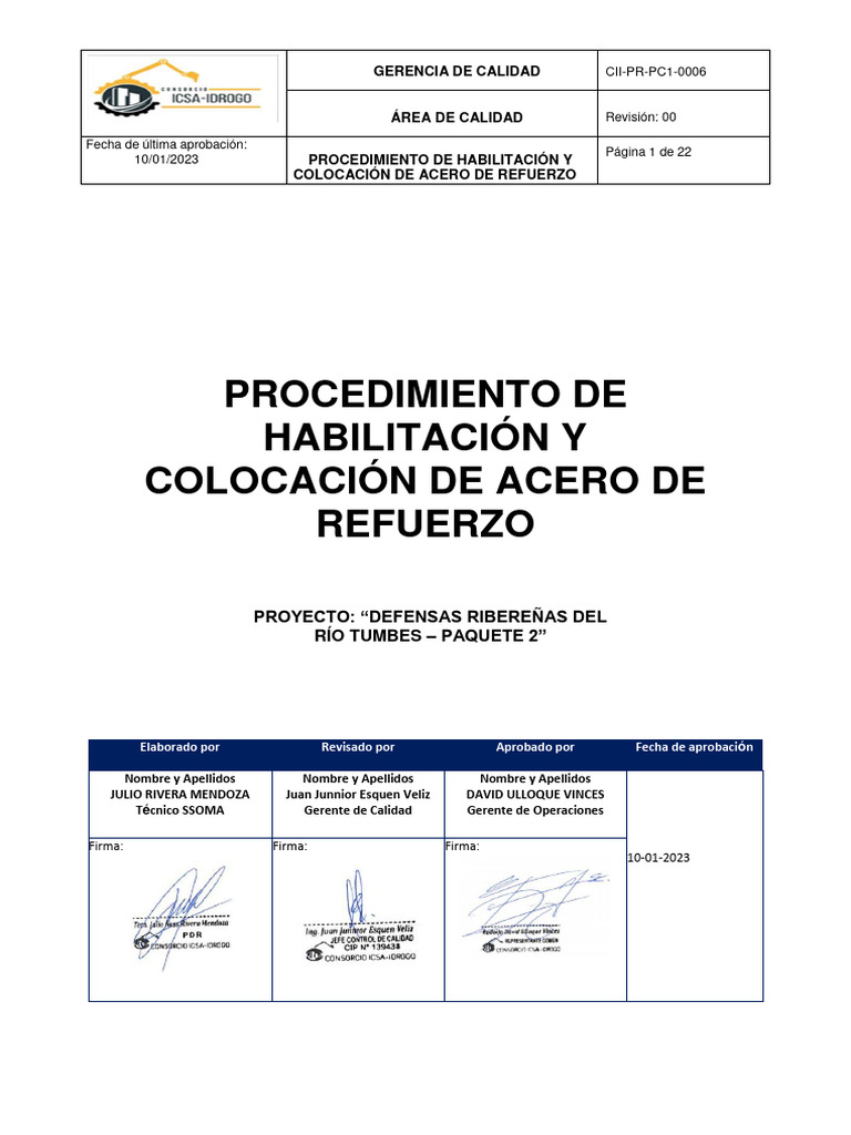 Cii-Pr-Pc1-0006-Procedimiento de Habilitación y Colocación de Acero de Refuerzo | PDF | Acero ...