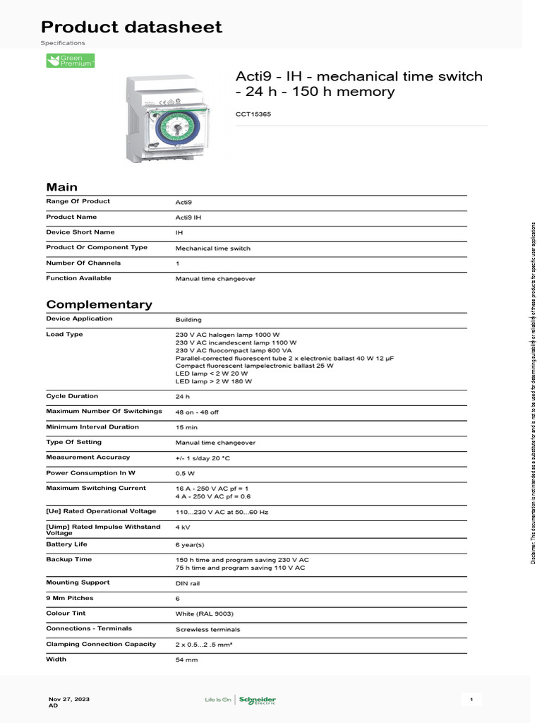 Schneider Electric Acti9 IH IHP ITA CCT15365 | PDF | Alternating ...