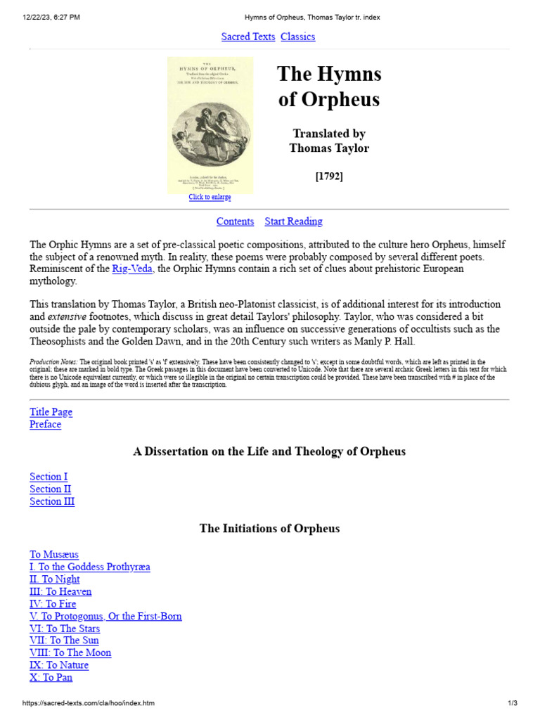 Hymns of Orpheus, Thomas Taylor Tr. Index | Download Free PDF | Orpheus | Greek Mythology
