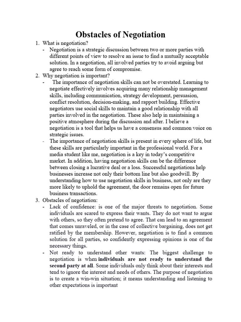 Obstacles of Negotiation | PDF | Negotiation | Conflict Resolution