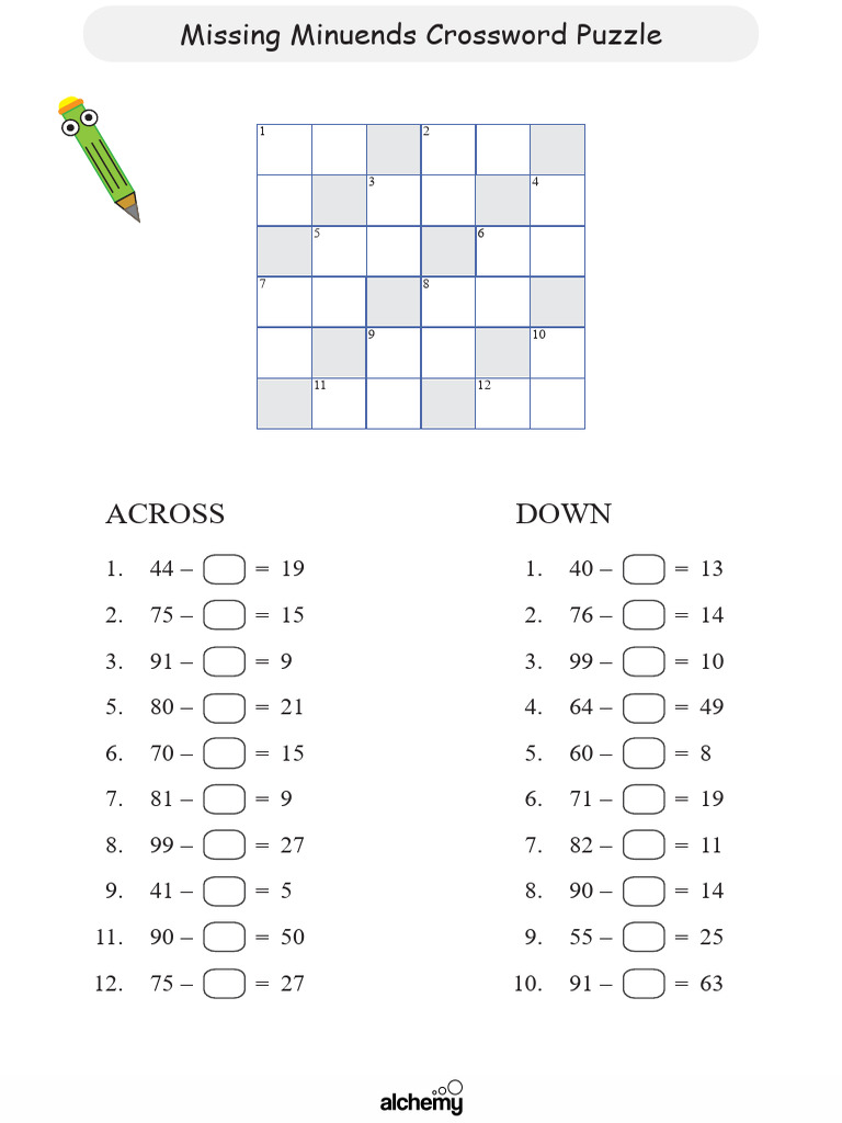 Primary Maths Worksheet (Missing Minuends Crossword Puzzle) Part 1 ...
