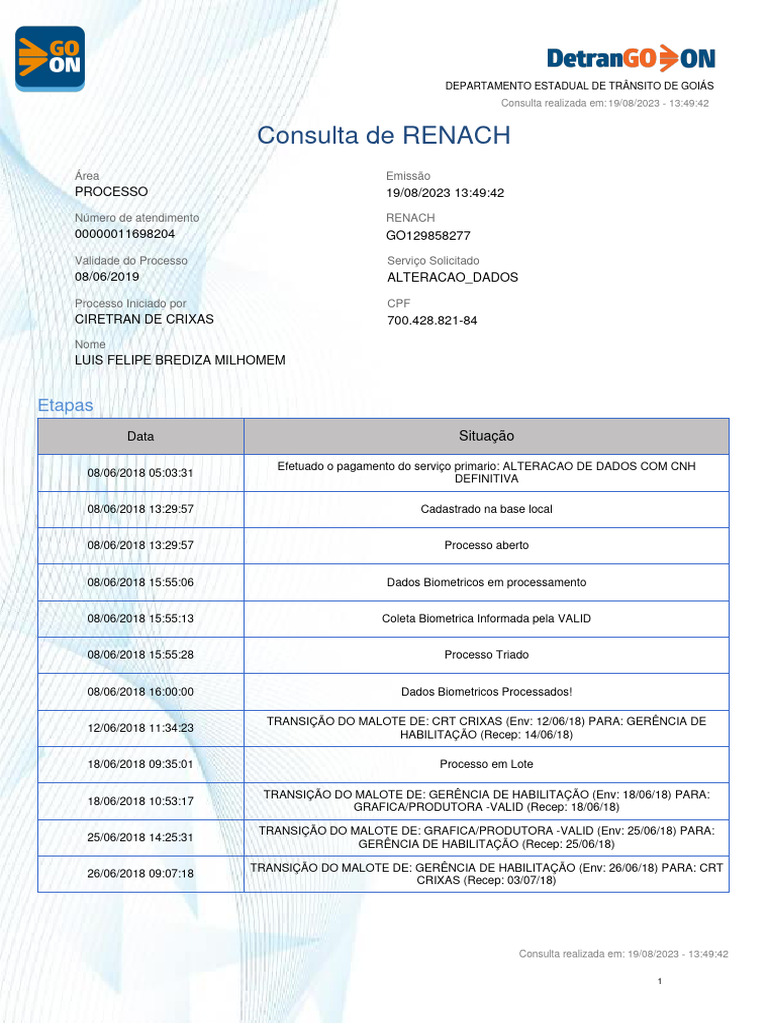 Consulta RENACH Goiás: Processo Detalhado | PDF | Finanças e ...