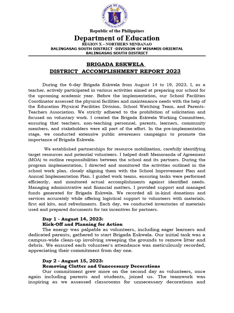 Brigada Eskwela 2023 Accomplishment Report | PDF | Volunteering