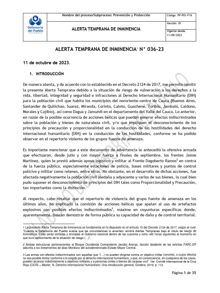 Alerta Temprana de Inminencia1 #036-23 | PDF | Ley humanitaria ...