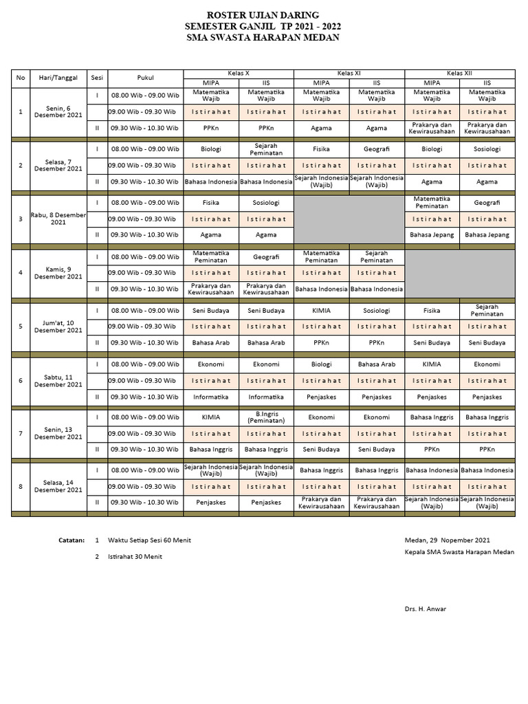Roster Ujian Sem Ganjil T.P 2021 - 2022 | PDF