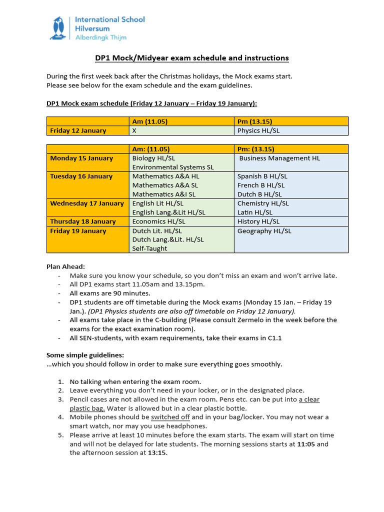 DP1 Mock Exam Schedule and Guidelines | PDF