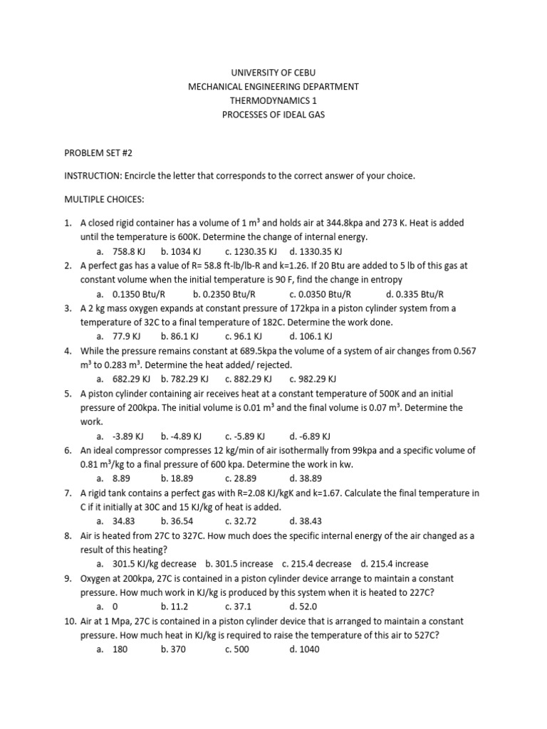 Processes of Ideal Gas Problem Set | PDF | Heat | Gases