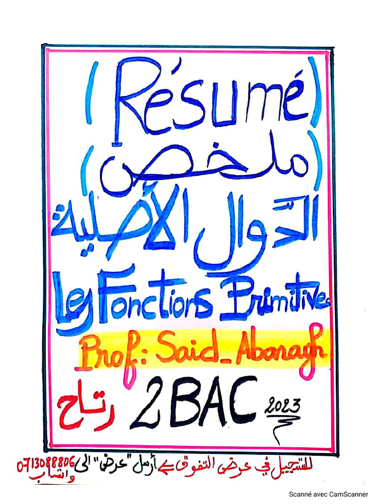 ملخص الدوال الأصلية Résumé les fonctions primitives | PDF