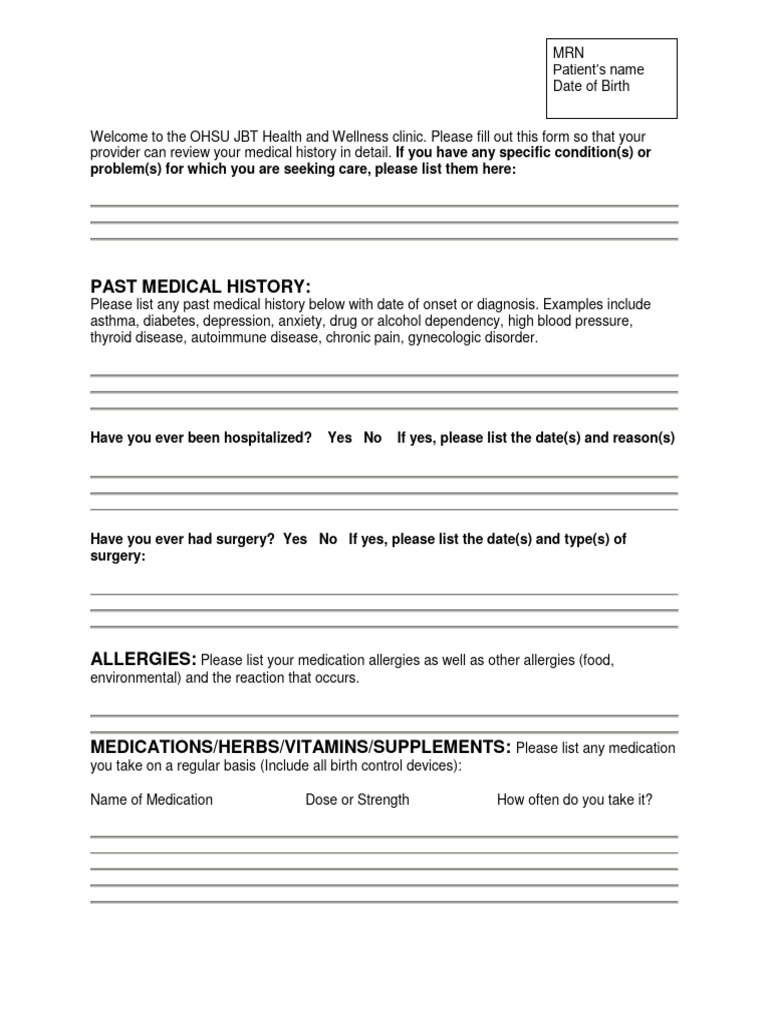 OHSU JBT Health History Form | PDF | Public Health | Health Care