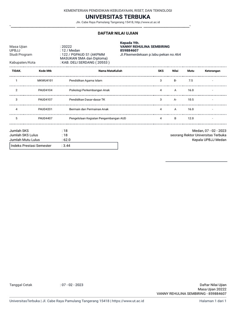 Daftar Nilai Ujian | PDF