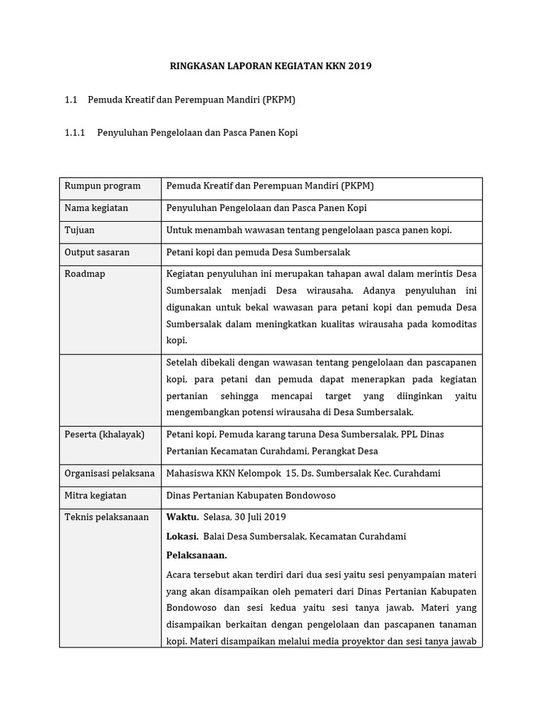 RINGKASAN LAPORAN KEGIATAN KKN Kel. 15 Desa Sumbersalak | PDF | Teknologi & Rekayasa