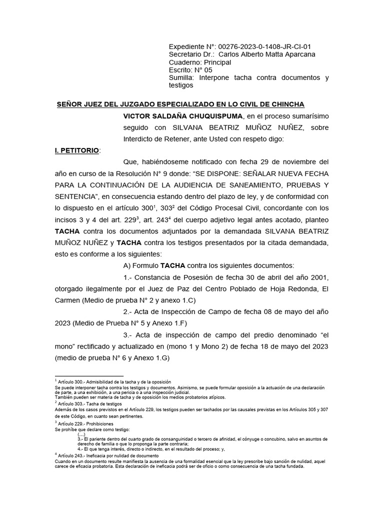 Solicita Tacha Contra Documentos y Testigos, Caso Victor Saldaña Ch ...