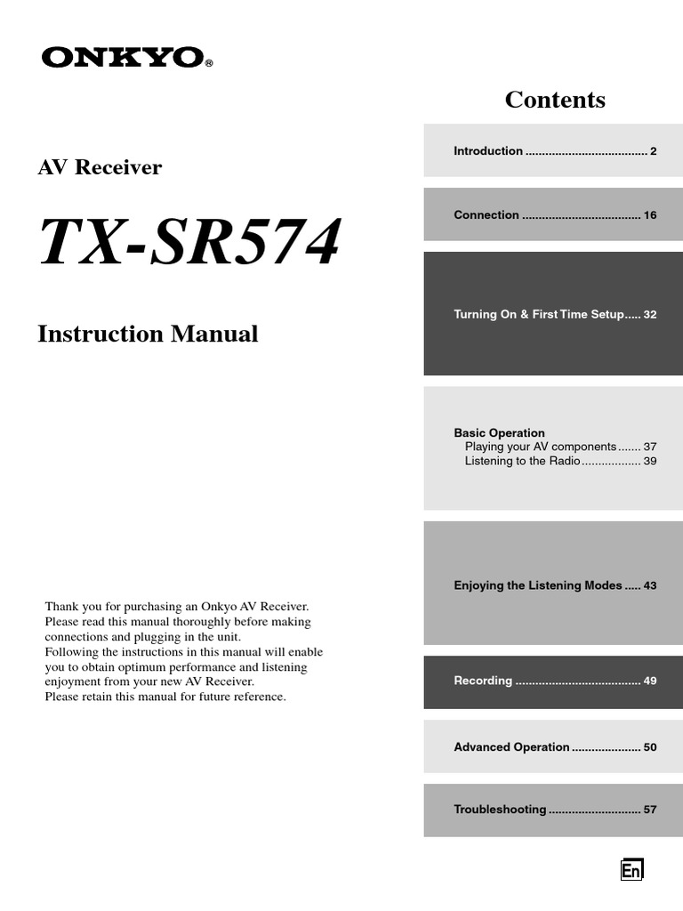 Onkyo Av - Receivers TX sr574 Manual | Download Free PDF | Loudspeaker | Ac Power Plugs And Sockets