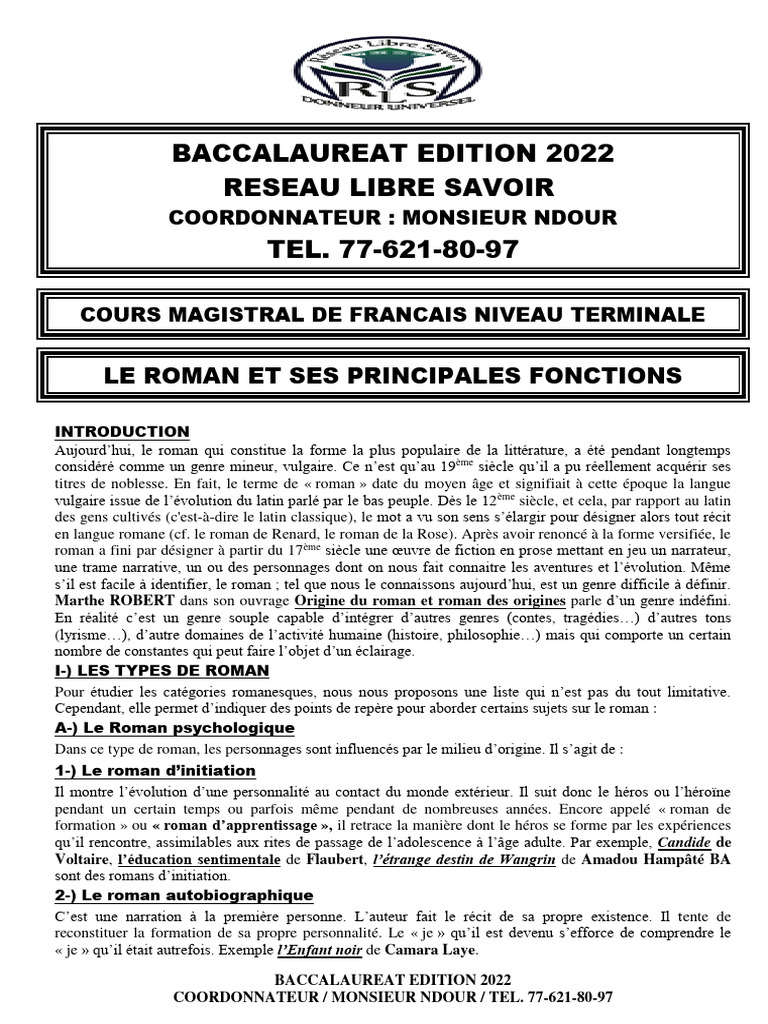 Fonctions et types du roman en terminale | PDF | Jeunes adultes ...