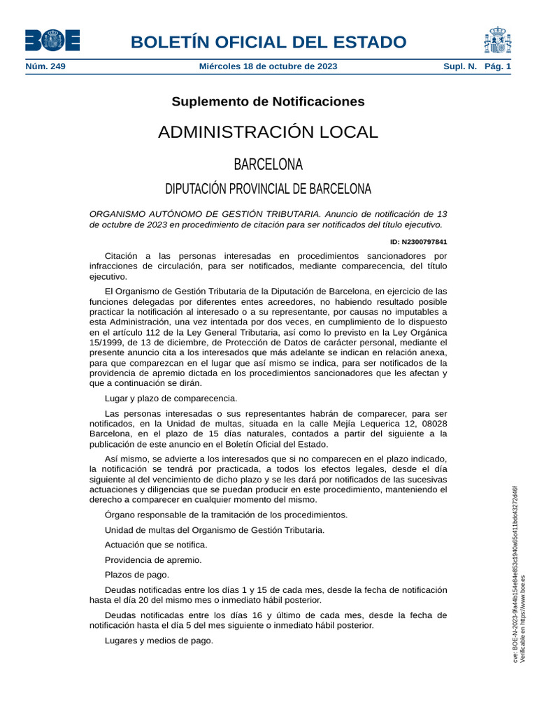 Notificación de Multas de Tráfico BOE 2023 | PDF