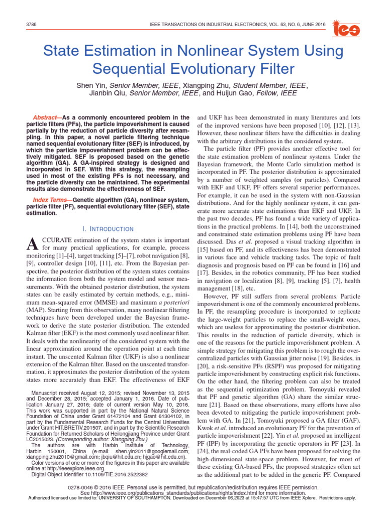 State Estimation In Nonlinear System Using Sequential Evolutionary