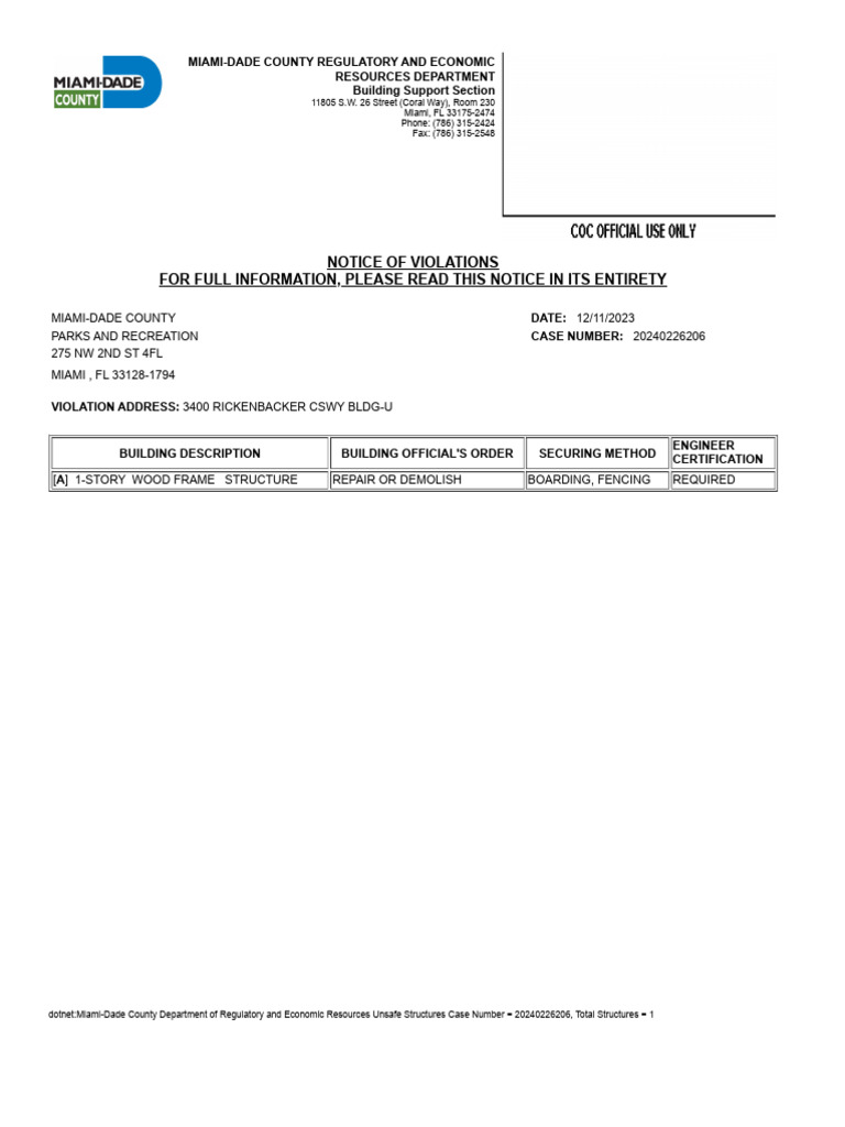 Rer Notice of Violation (12-11-23) | PDF | Appeal | Foreclosure