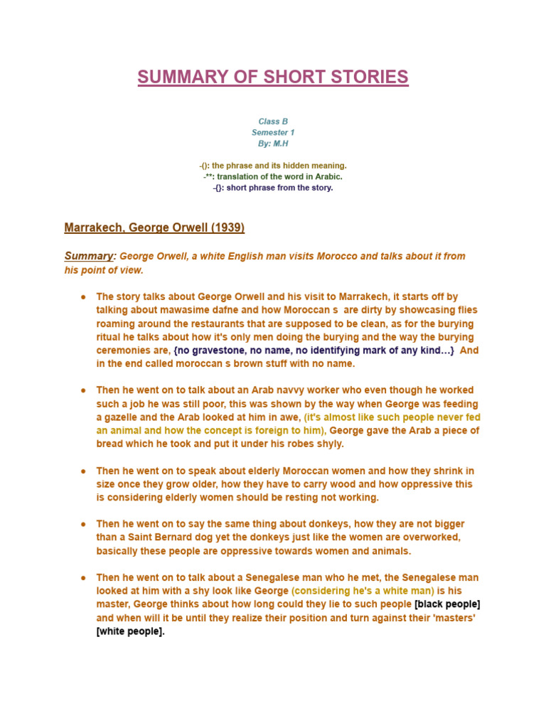 Summaries of Key Short Stories | PDF