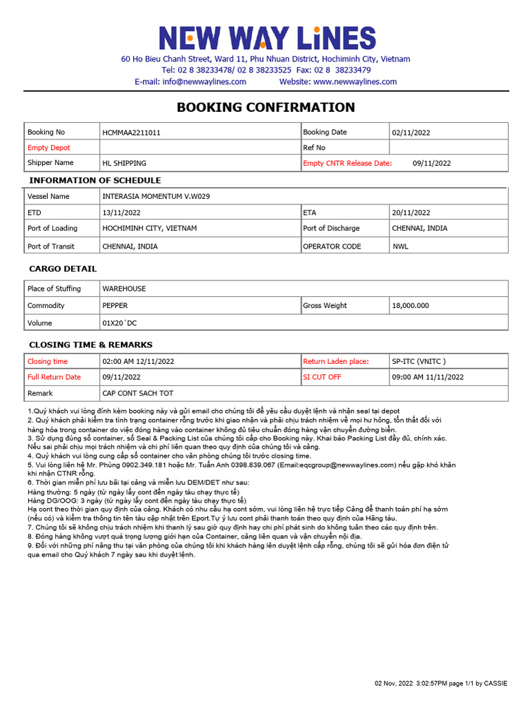 Booking Note | PDF