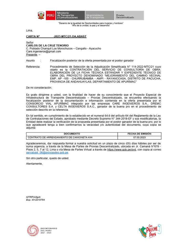 Carta Carlos de La Cruz Tenorio | PDF | Gobierno