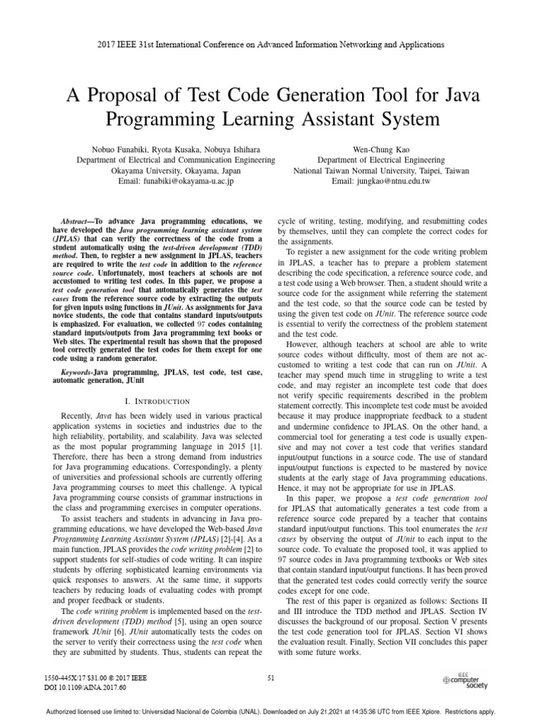 A Proposal Of Test Code Generation Tool For Java Programming Learning Assistant System Pdf